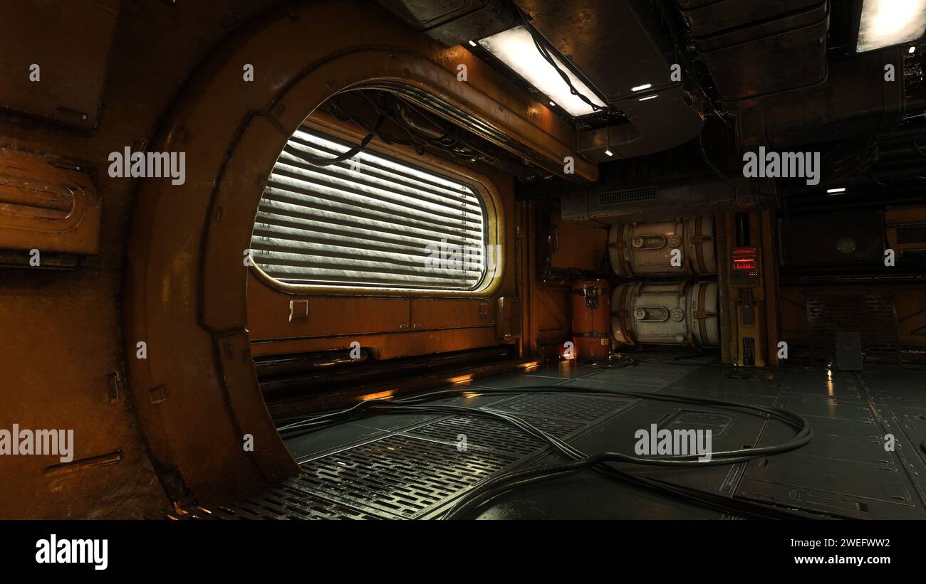 Dark grungy underground sci-fi industrial environment in a fantasy ...