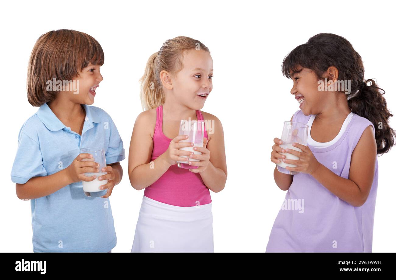 Milk, mustache and children with drink on face with nutrition, health ...