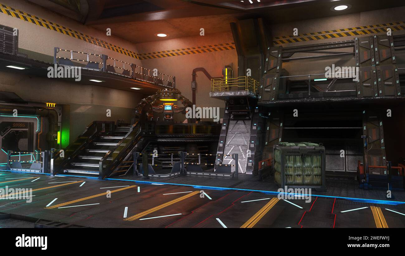 Dark future fantasy science fiction military hangar interior. 3D ...