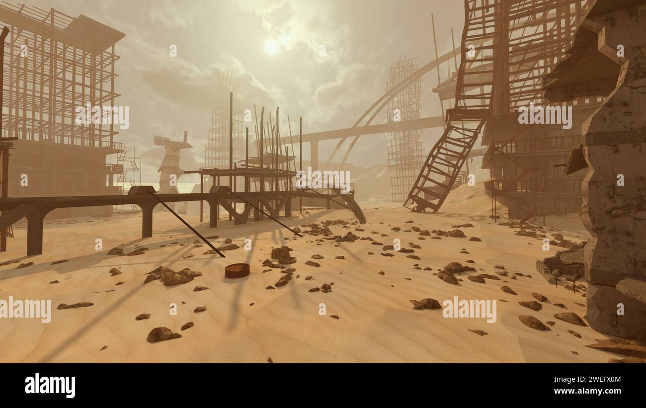 Post apocalyptic ruined city with destroyed buildings and rubble. 3D ...