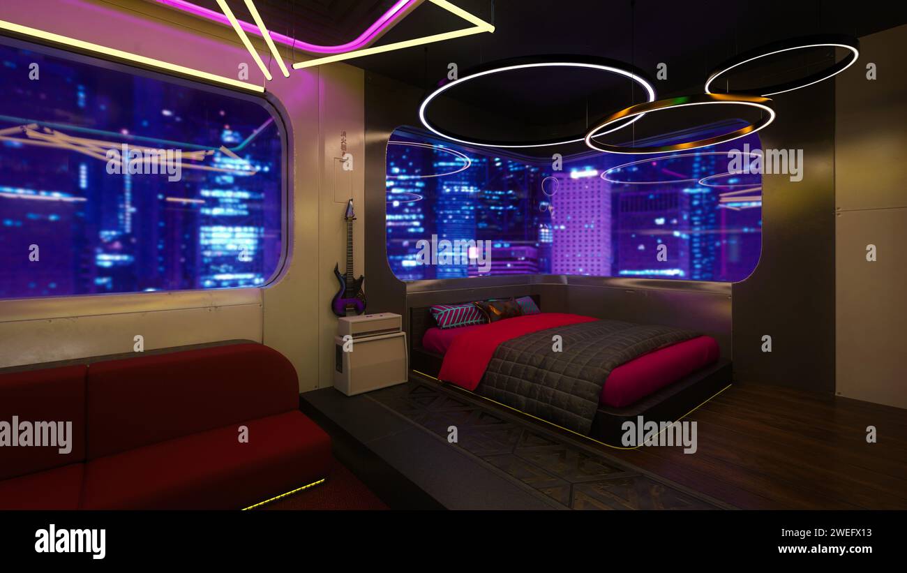 Bedroom area in a futuristic cyberpunk high rise studio apartment. 3D ...