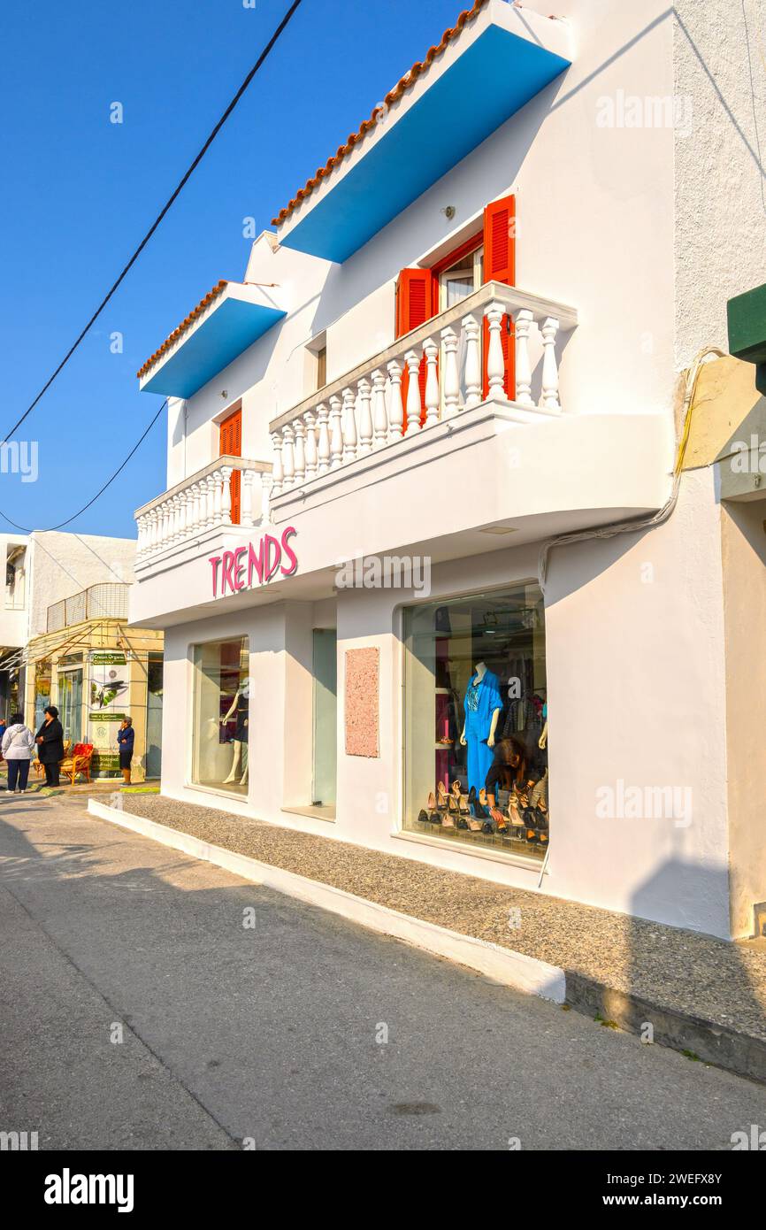 Kos, Greece - May 12, 2023: Greek street with shops in the coastal ...