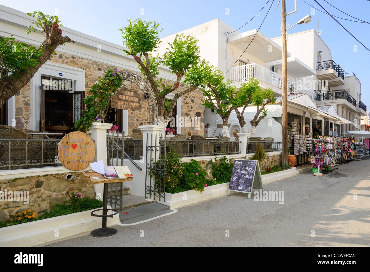 Kos, Greece - May 12, 2023: Greek cafe bar in the coastal village of ...