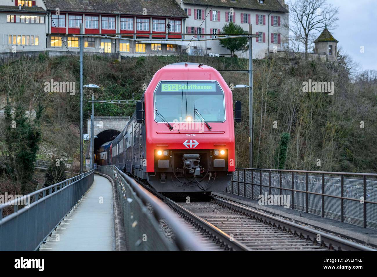 S12 nach Schaffhausen - S Bahn Zug der SBB unterhalb des Schloss Laufen ...
