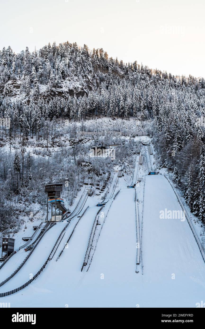 Five ski jumps of different heights in Ruhpolding, Bavaria, Germany ...