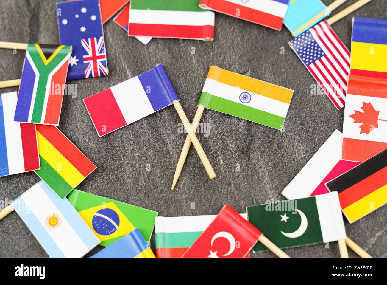 Policy. National flags of different countries. The concept is diplomacy ...