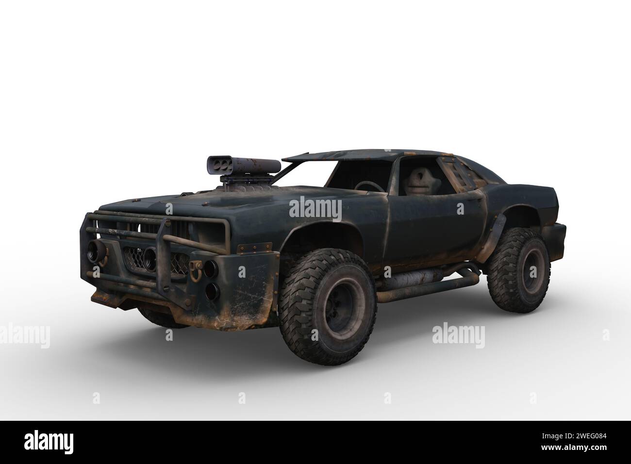 Fantasy future post apocalyptic rusty car. 3D illustration isolated on ...