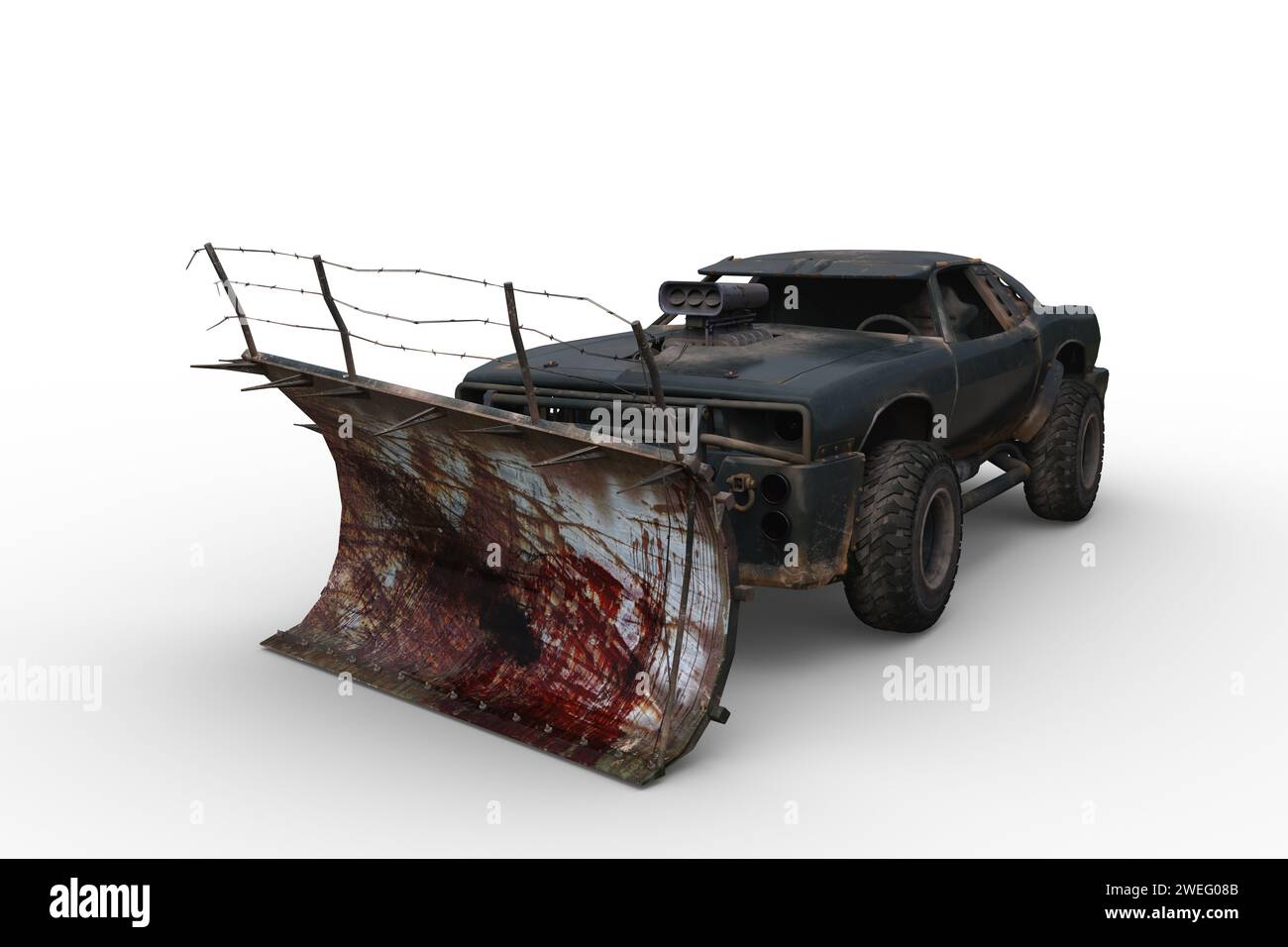 Fantasy post apocalyptic car with a zombie snow plow. 3D illustration ...