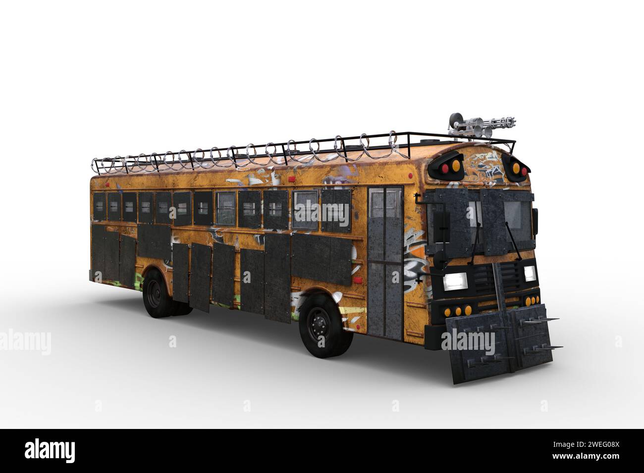 Fantasy post apocalyptic armoured school bus. 3D illustration isolated ...