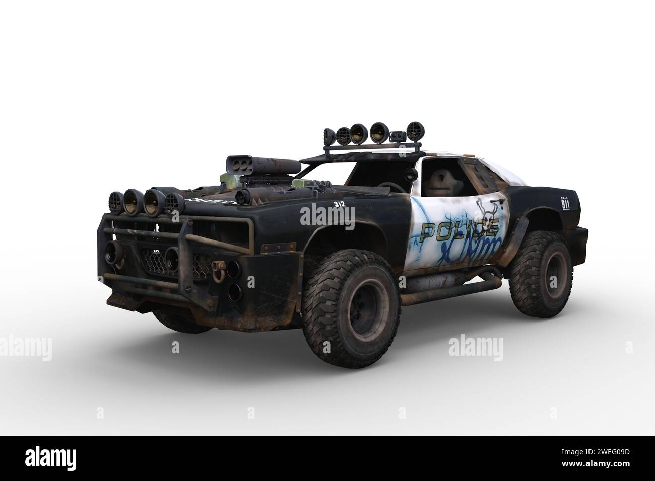 Fantasy post apocalyptic police car with spotlights and guns. 3D ...