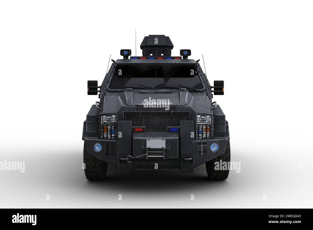 Front view of an armoured police SWAT vehicle. 3D illustration isolated ...