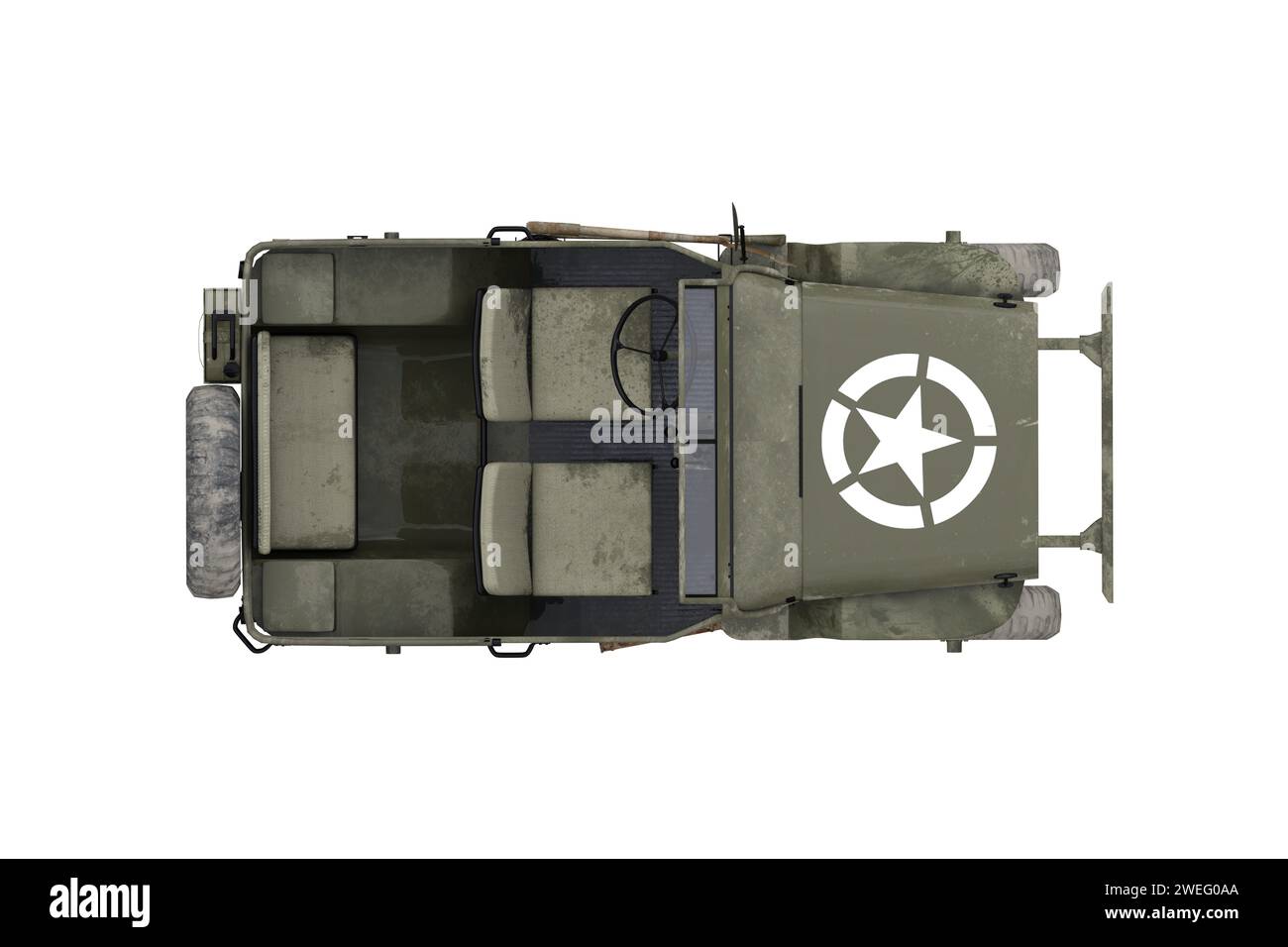 Overhead top view of a retro green military 4x4 car. 3D illustration ...