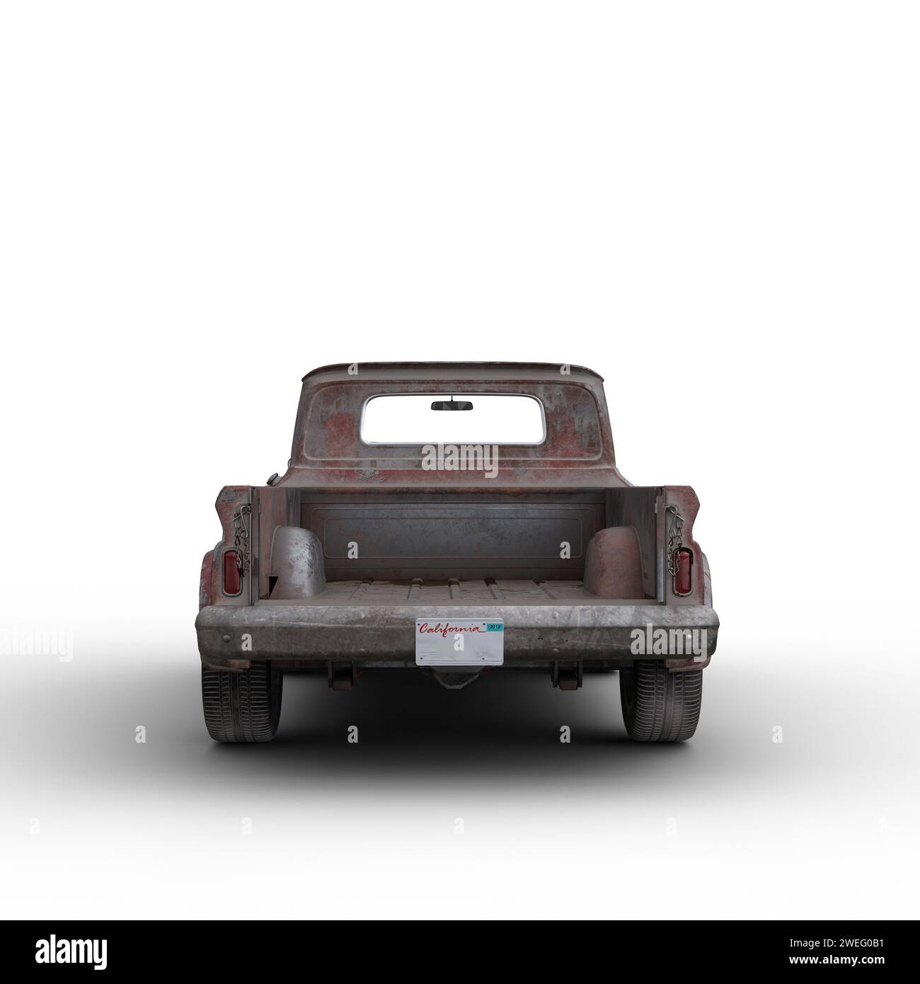 Rear view of an old rusty vintage red pickup truck. 3D illustration ...