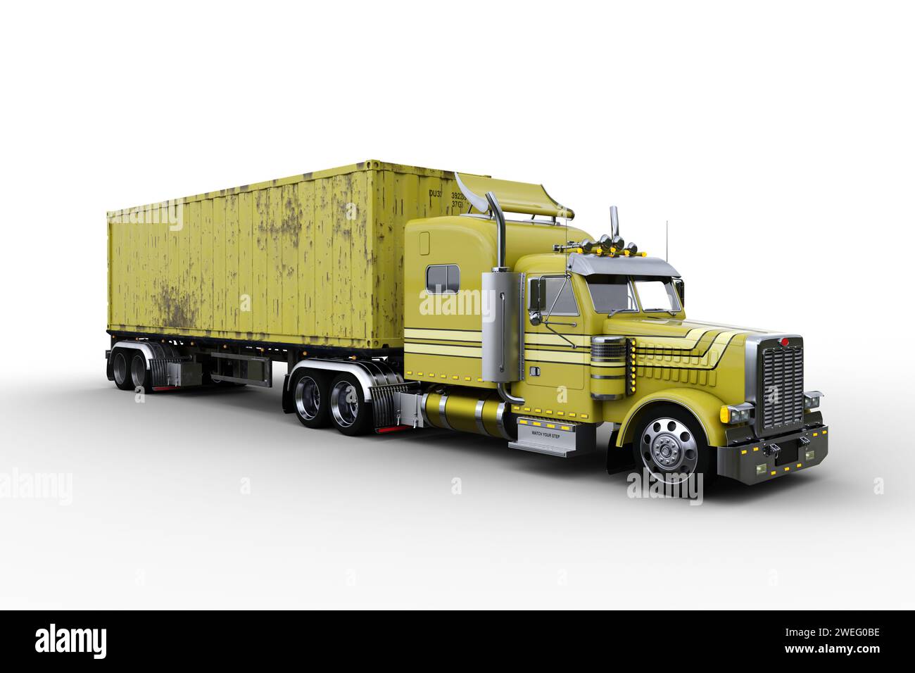 Generic unbranded yellow semi-trailer container truck. 3D illustration ...