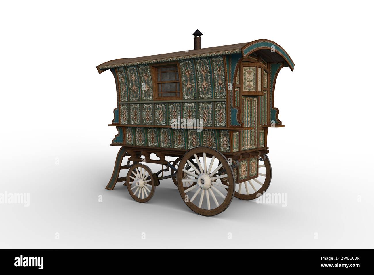 Turquoise and green decorated Romany gypsy caravan parked and viewed ...