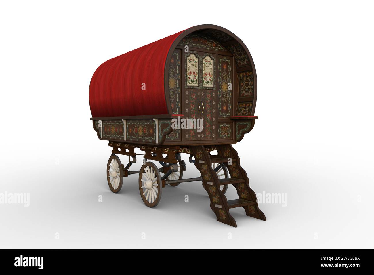 Traditional Romany gypsy caravan with red roof parked with steps ...