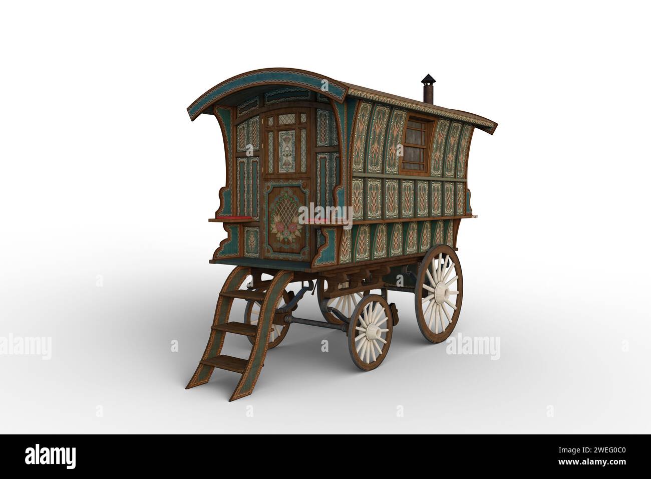 Vintage Romany gypsy caravan decorated with turquoise and green flower ...