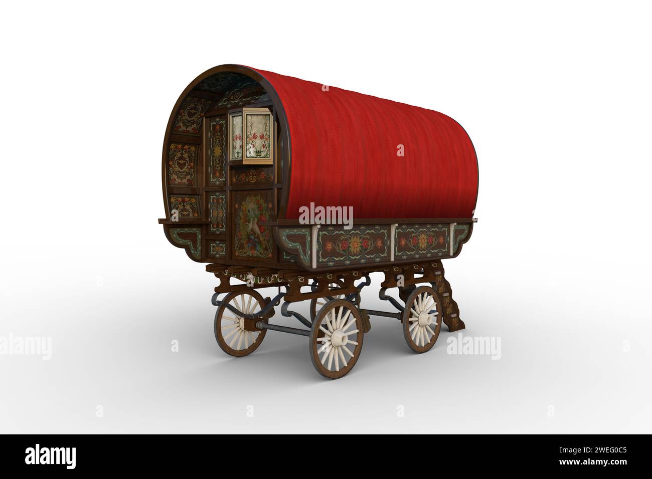 Rear view of a traditional Romany gypsy caravan with red roof. 3D ...