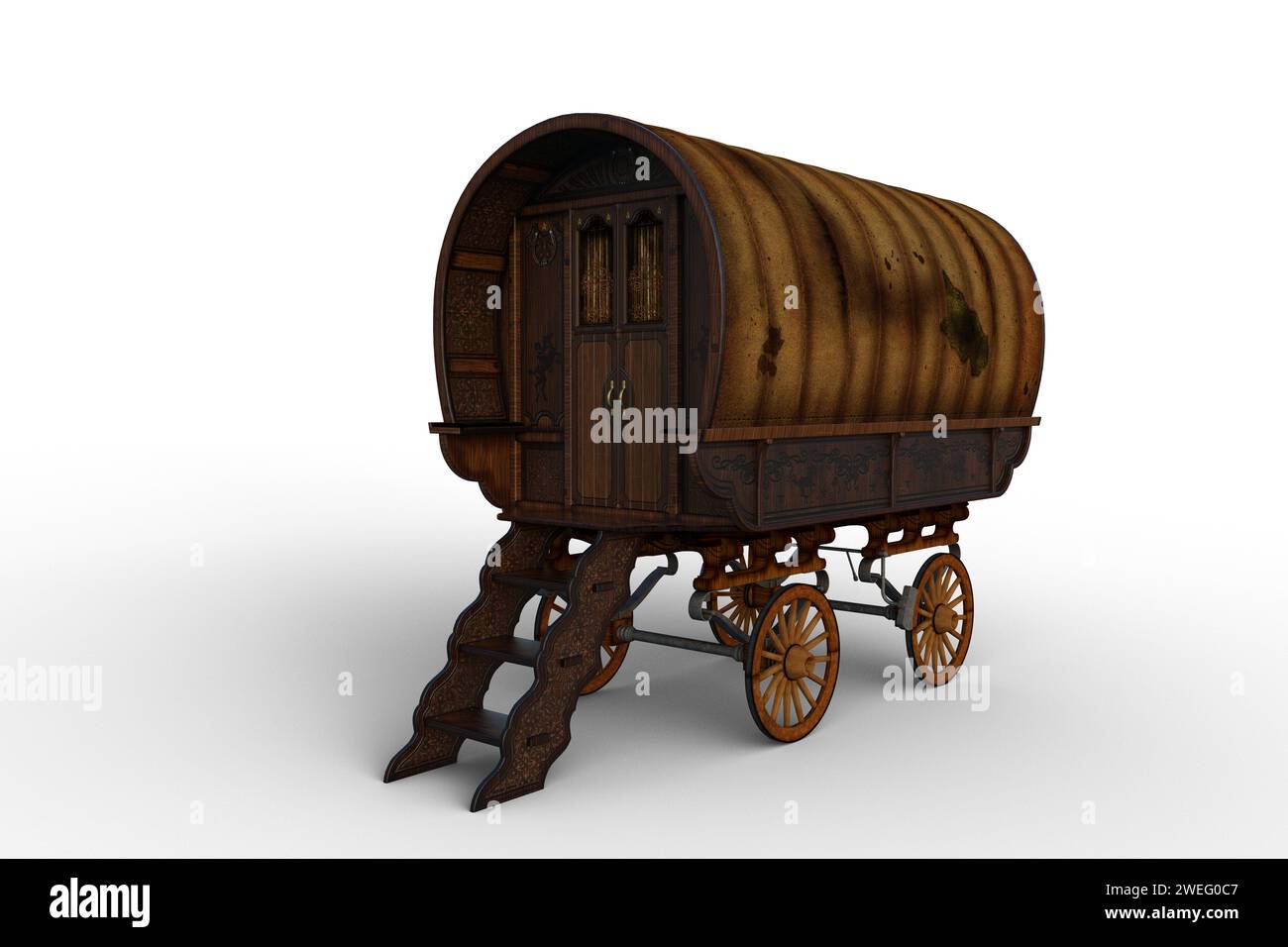 Old and worn brown Romany gypsy caravan parked with steps leading to ...