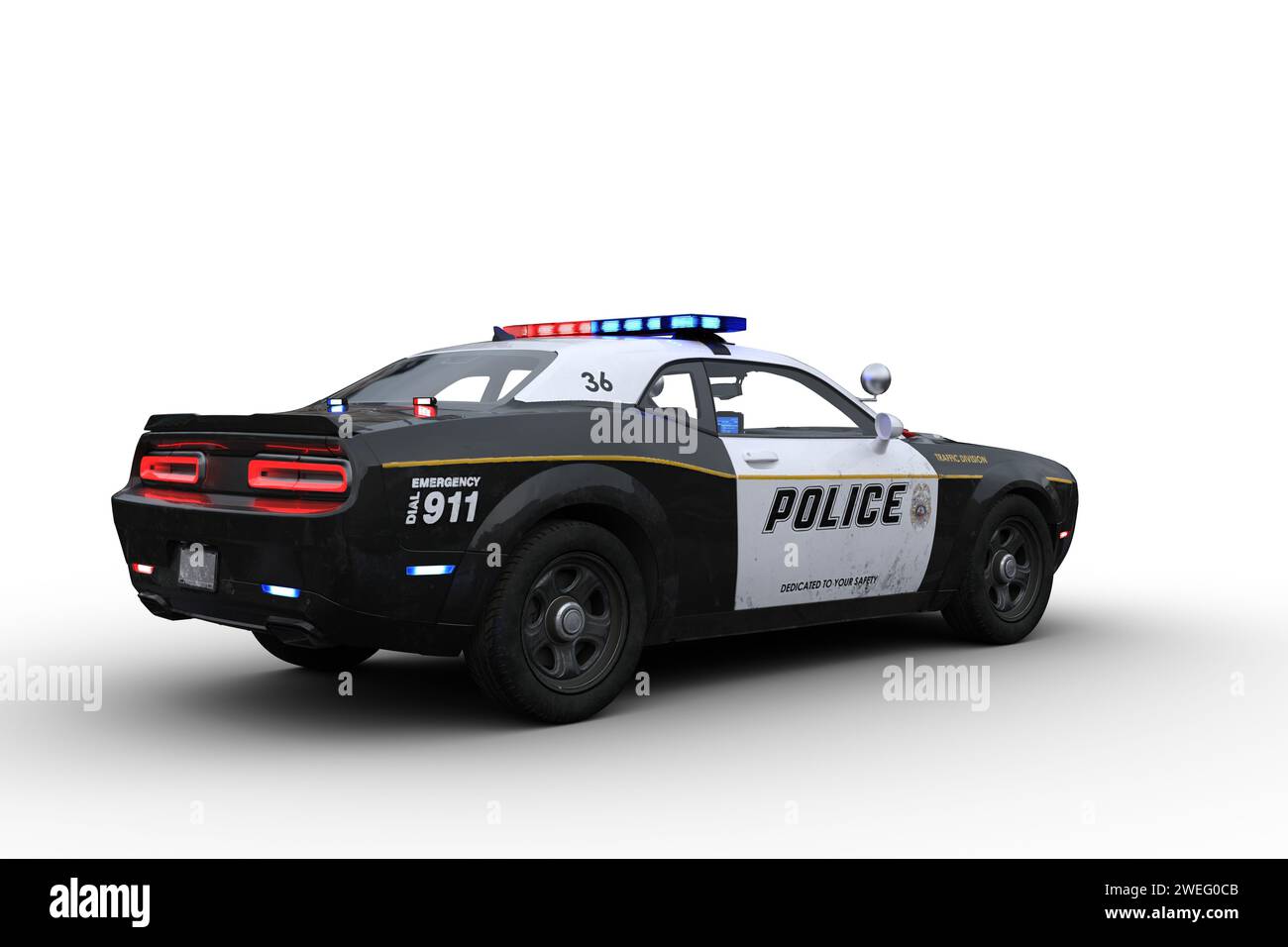 Black and white american police car seen from rear corner perspective ...