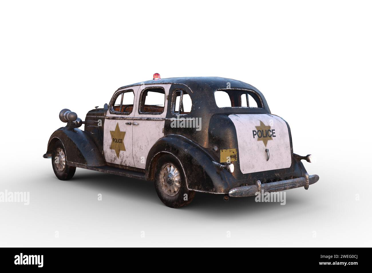 Rear corner view of a rusty dirty old vintage black and white police ...