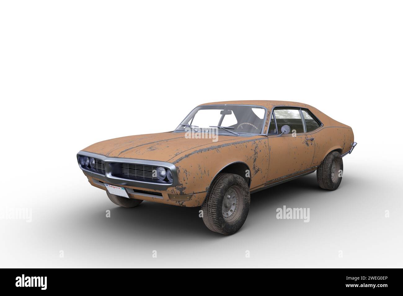 Old rusty yellow retro American muscle car. 3D illustration isolated on ...