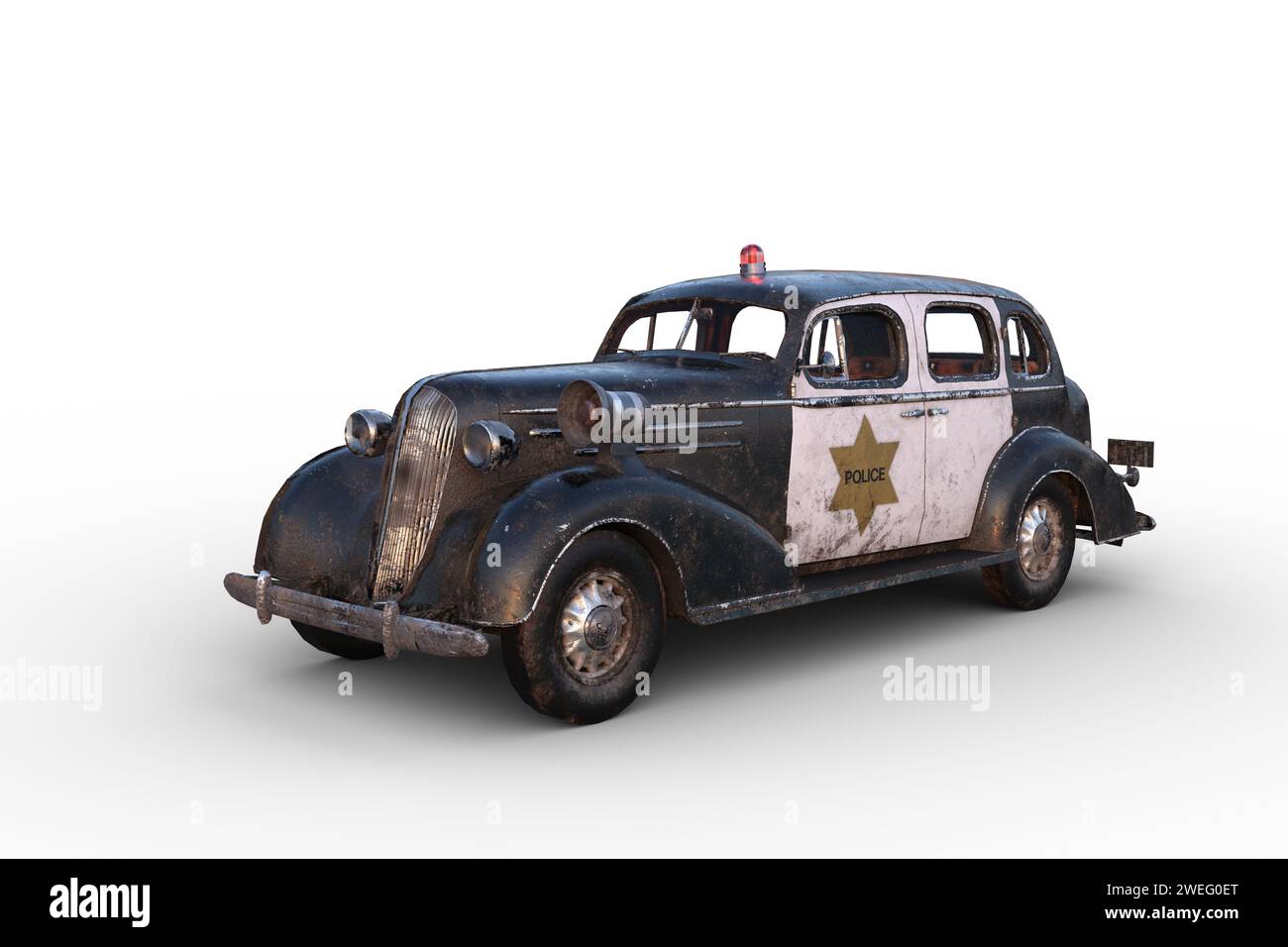 A rusty dirty old vintage black and white police car. 3D illustration ...
