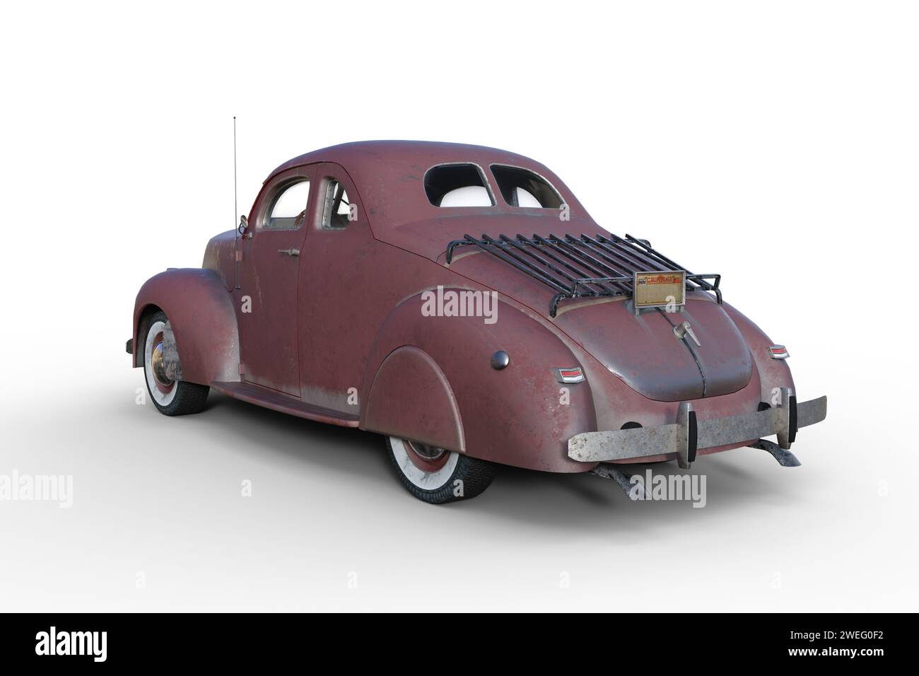 Old rusty faded vintage American car, seen from rear perspective. 3D ...