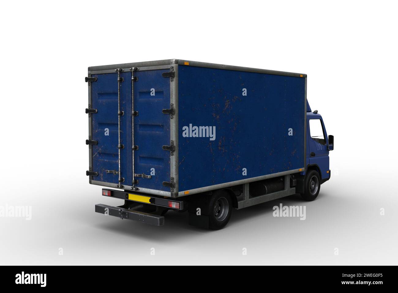 Rear perspective view of a blue light commercial truck. 3D illustration ...