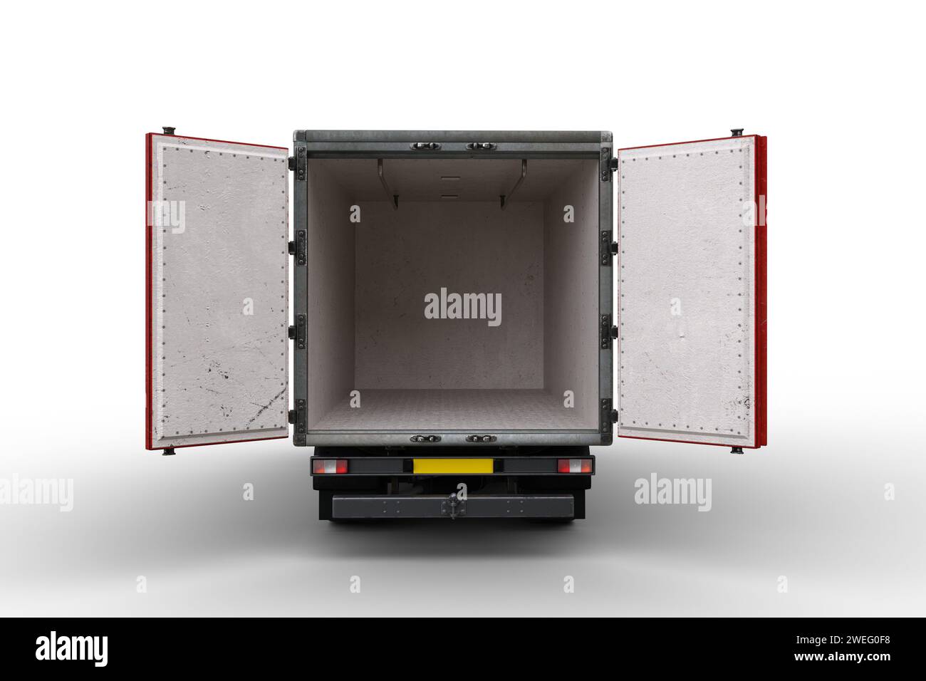 Rear view of a light commercial truck with rear doors open showing ...