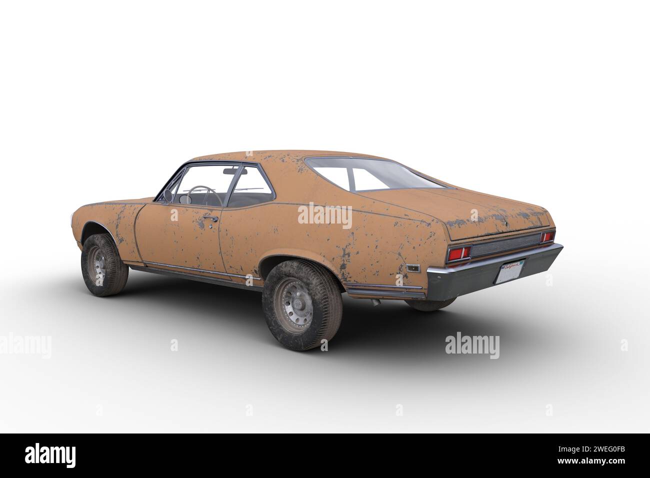 Old rusty yellow retro American muscle car. Rear view 3D illustration ...