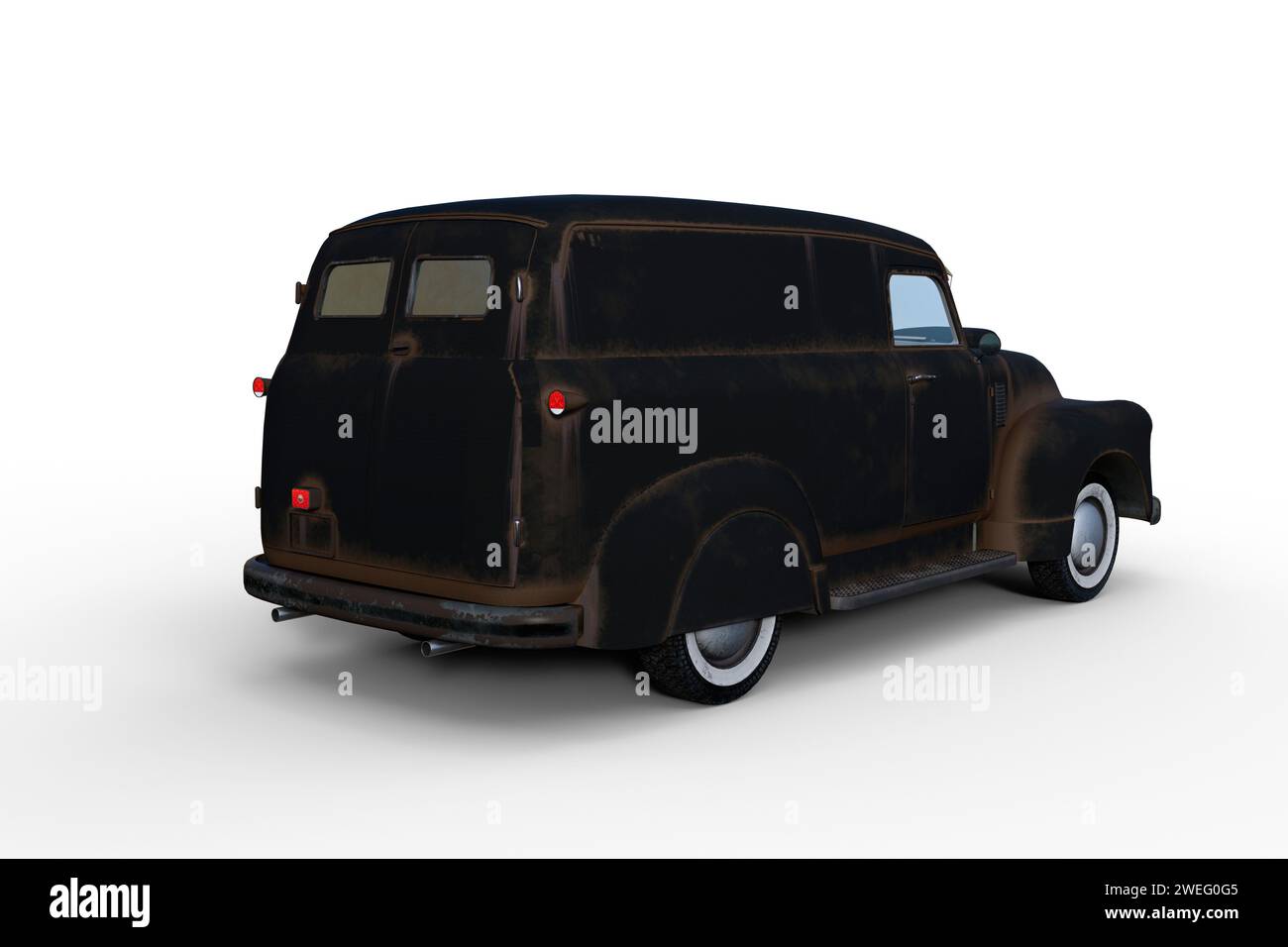 An old black retro American panel van. Rear perspective 3D illustration ...