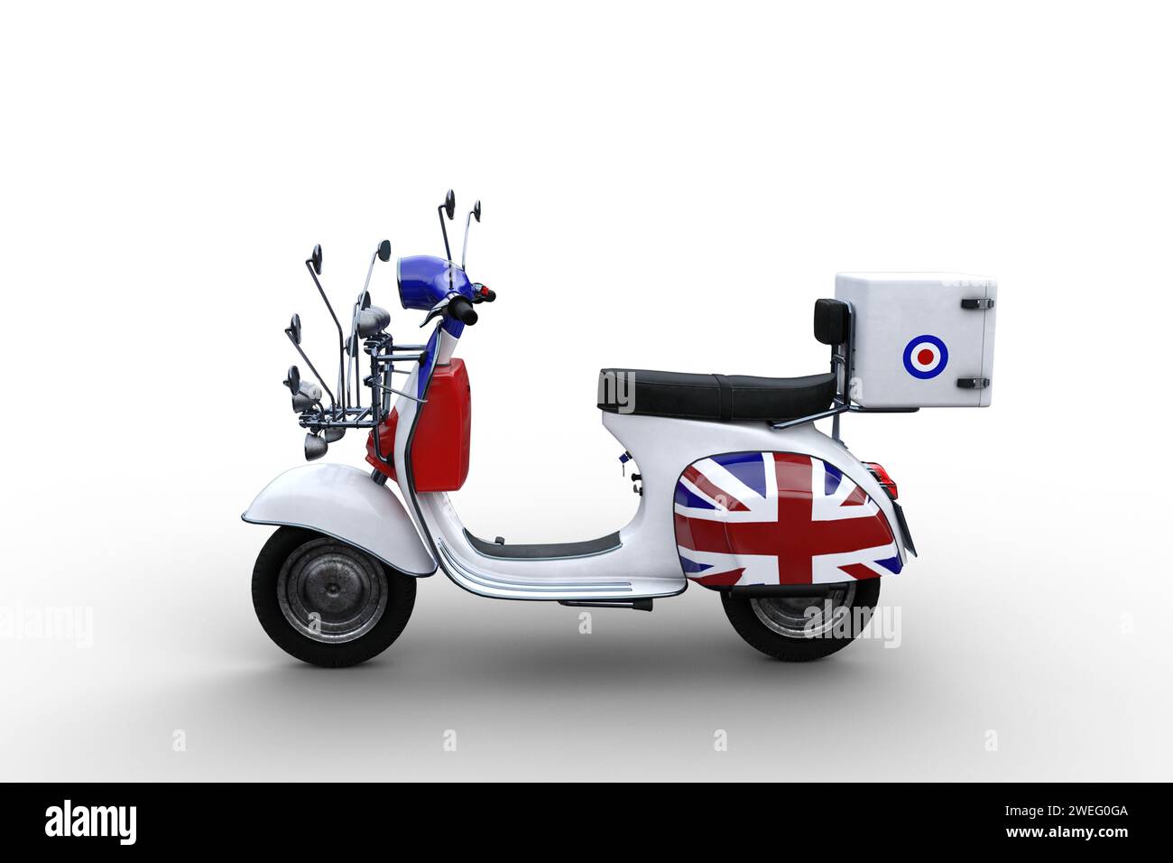 White motor scooter with multiple wing mirrors and union jack flag as ...