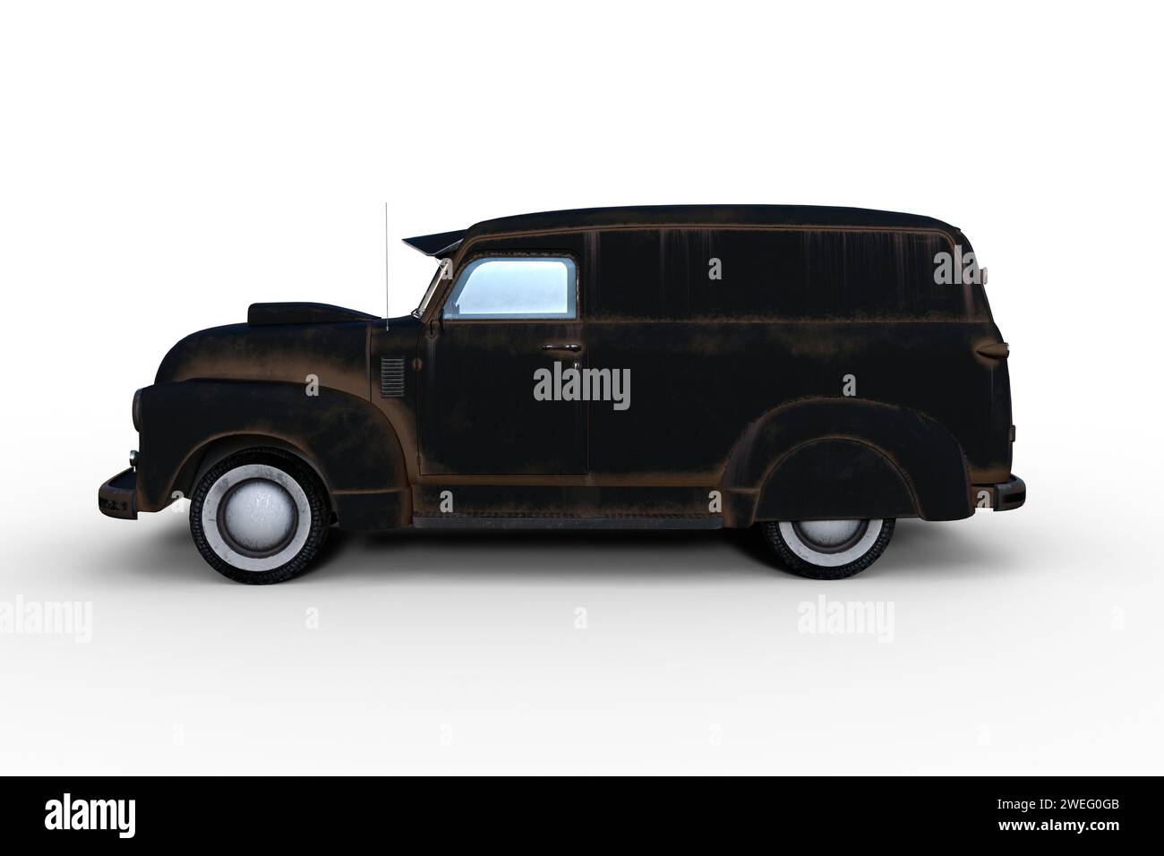 An old black retro American panel van. Side view 3D illustration ...