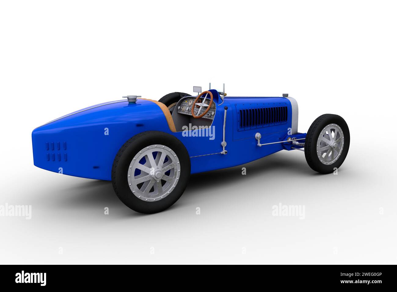 Vintage blue racing car viewed from rear perspective. 3D illustration ...