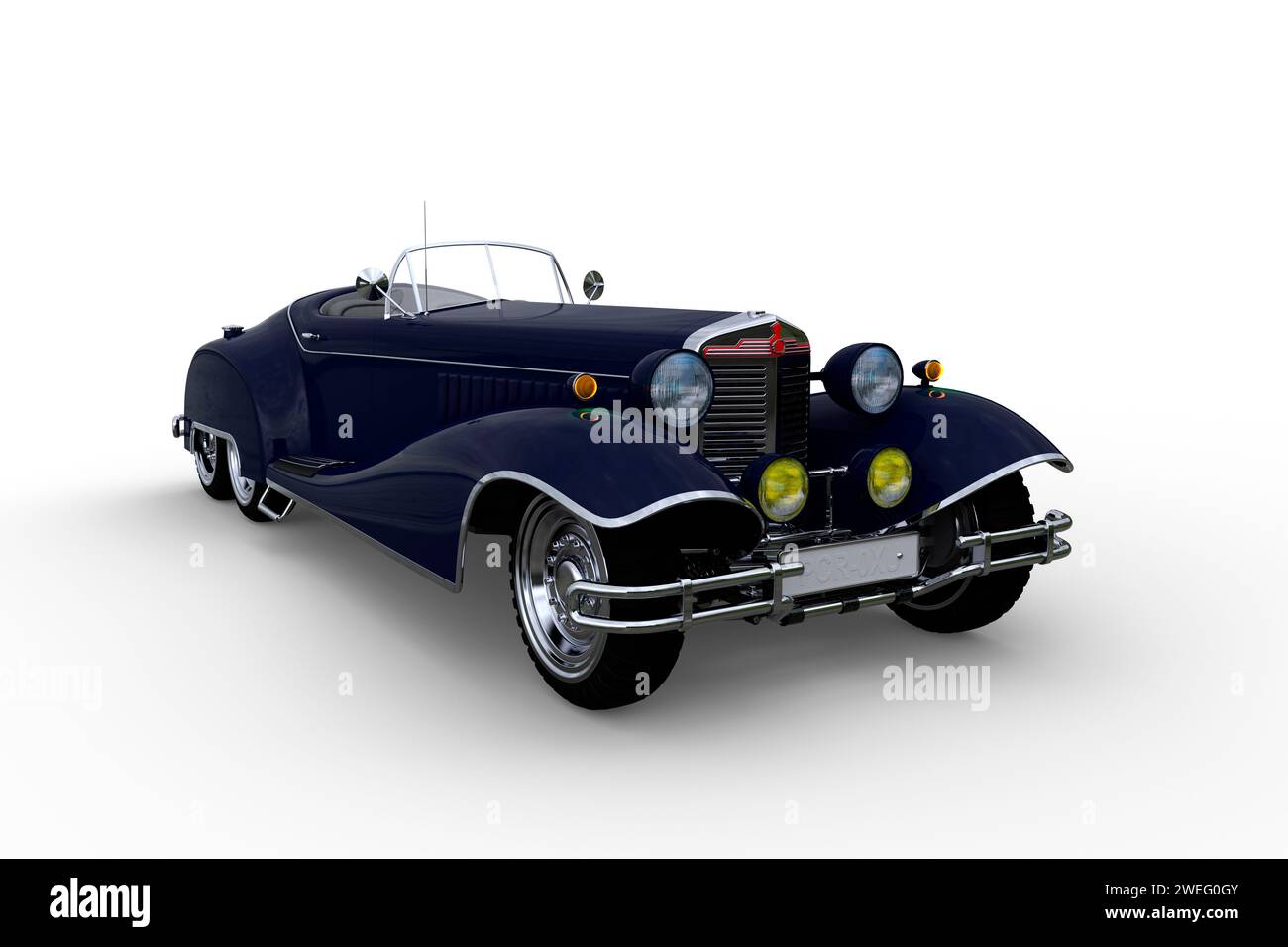 Large dark blue vintage open top car. 3D illustration isolated on a ...