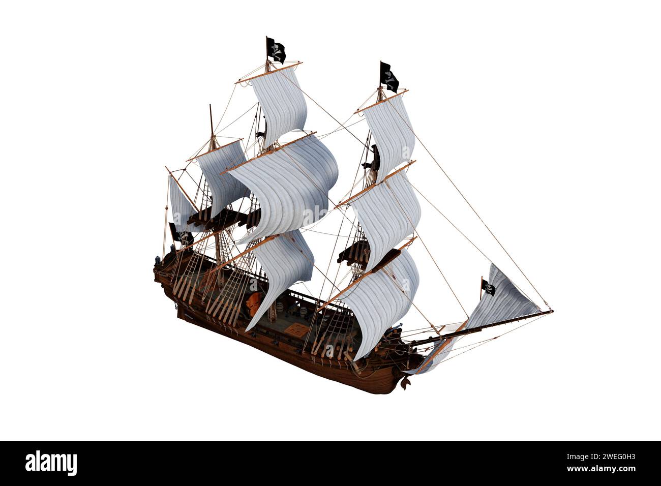 Old wooden pirate sailing ship seen from above. 3D illustration ...