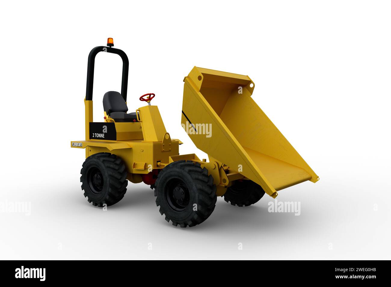 Yellow building site dumper truck with bucket tipped up. 3D ...