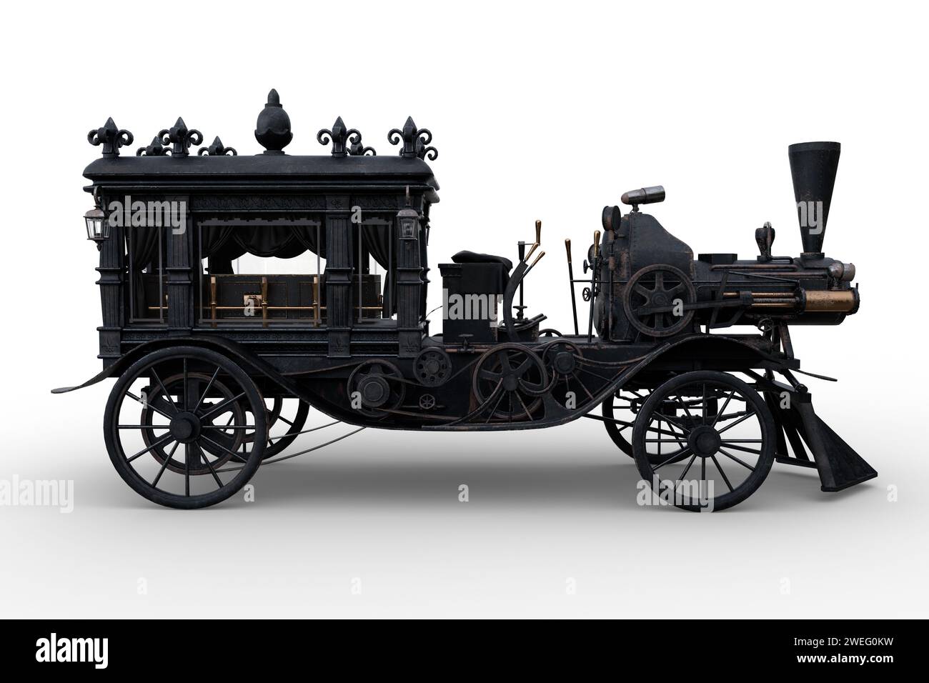 Side view of a steam powered hearse. Steampunk Halloween concept 3D ...