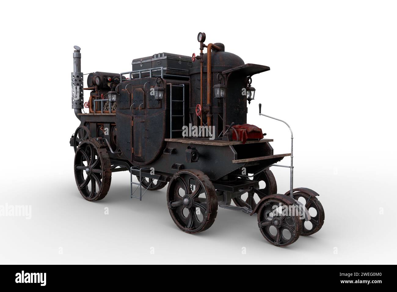 Steampunk style steam powered carriage with luggage on top. 3D ...