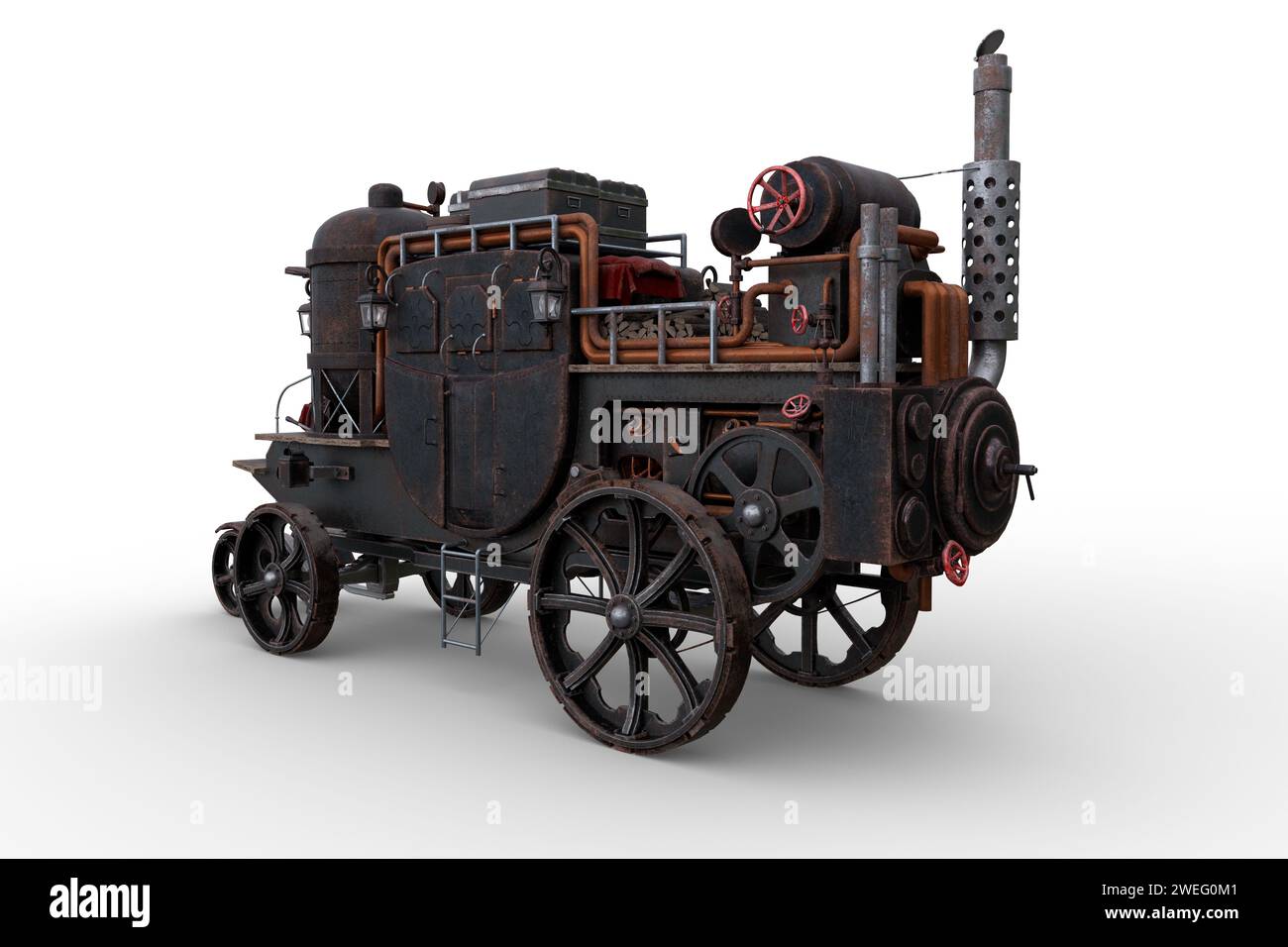 Steampunk style steam powered carriage with luggage on top. Rear ...
