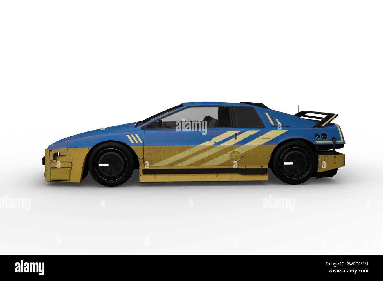 Side view 3D illustration of a blue and yellow futuristic cyberpunk ...