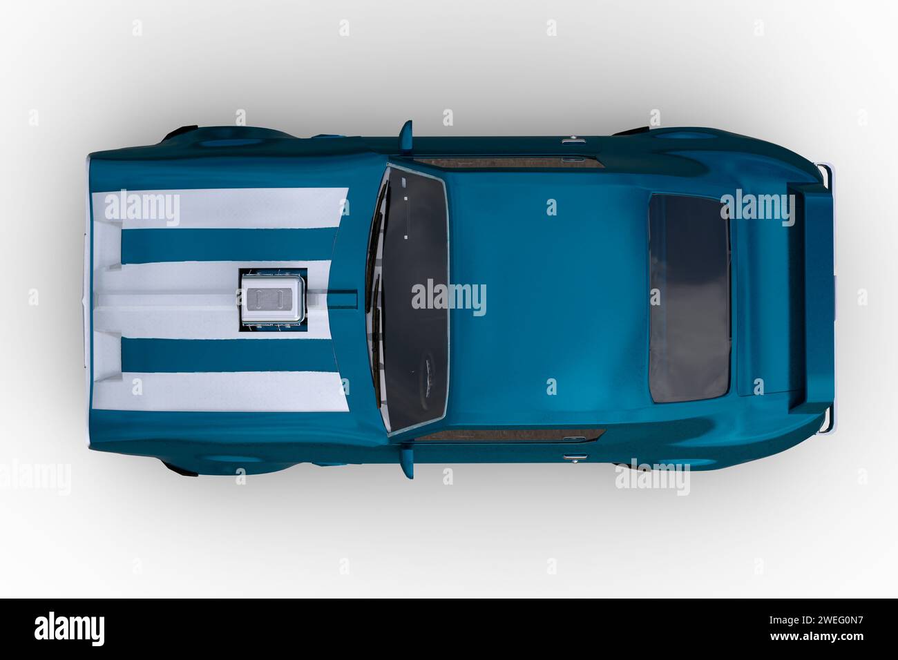 Blue and white 1970s vintage American muscle car. Overhead view 3D ...