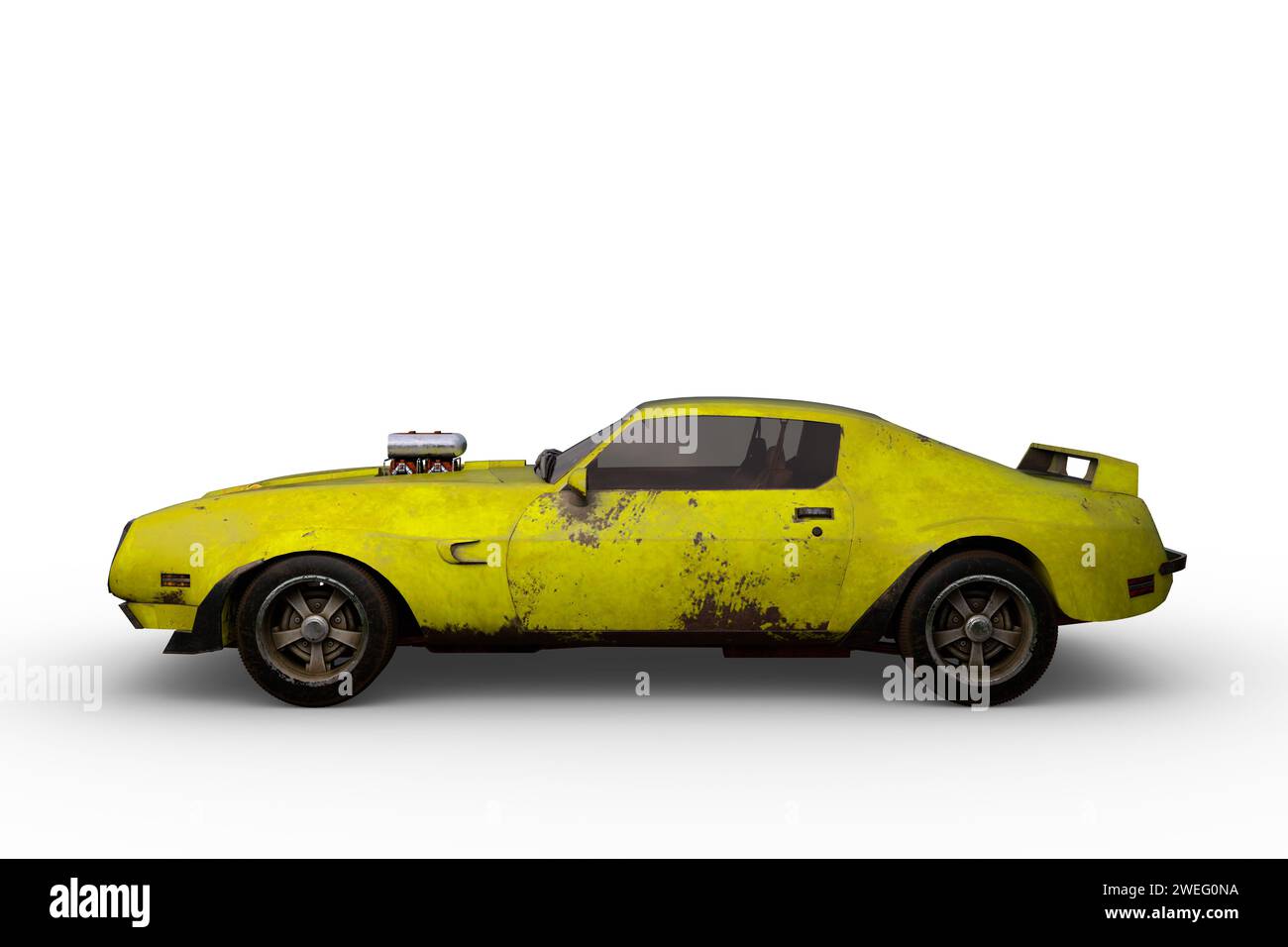 Old yellow retro American muscle car. 3D illustration isolated on a ...