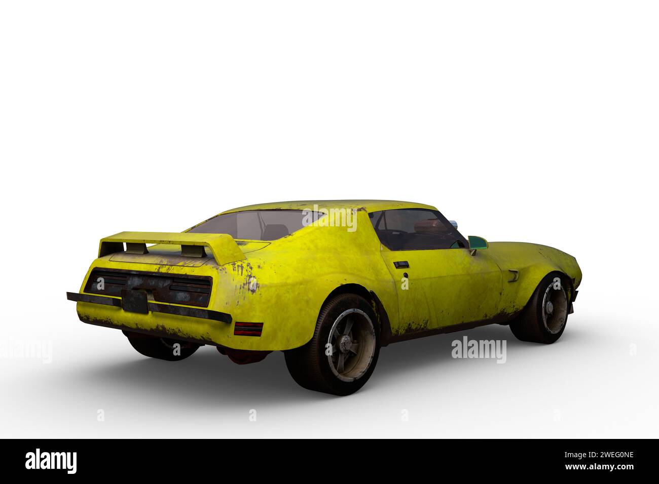 Rear perspective view of an old yellow retro American muscle car. 3D ...