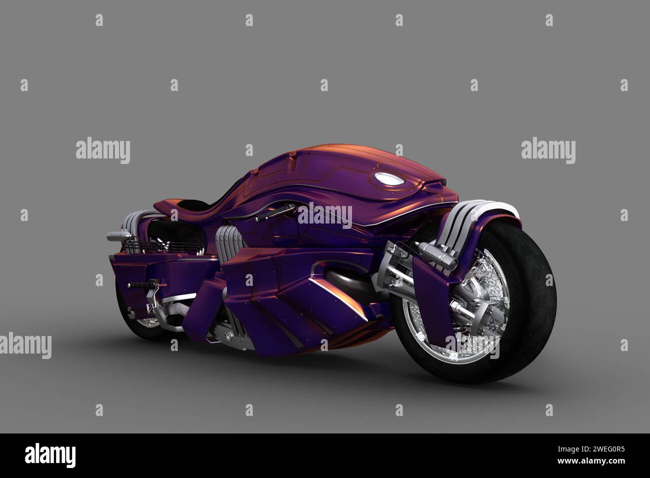 Purple and orange futuristic cyberpunk motorbike. 3D rendering isolated ...