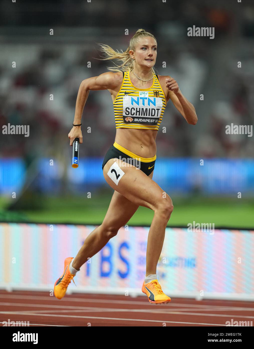 Alica Schmidt participating in the 4x400 m Relay at the World Athletics ...