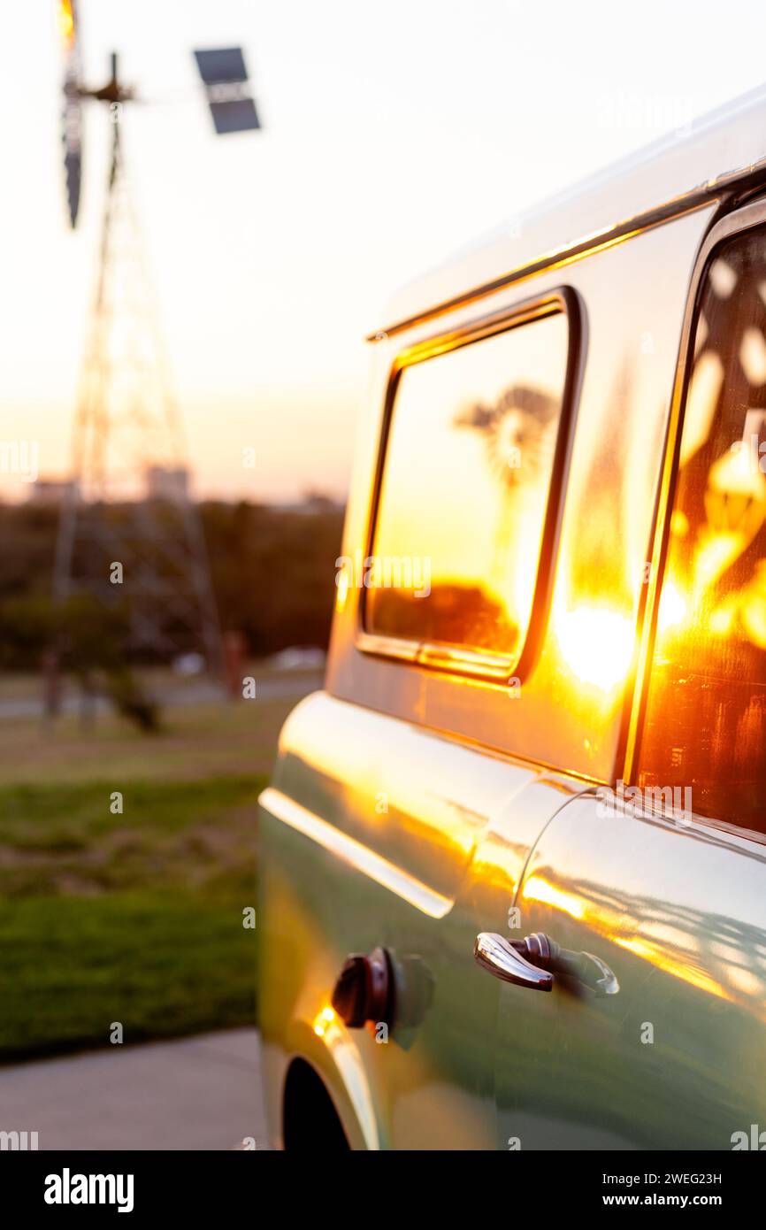 Truck driving through sun with light reflection on windshield Stock ...