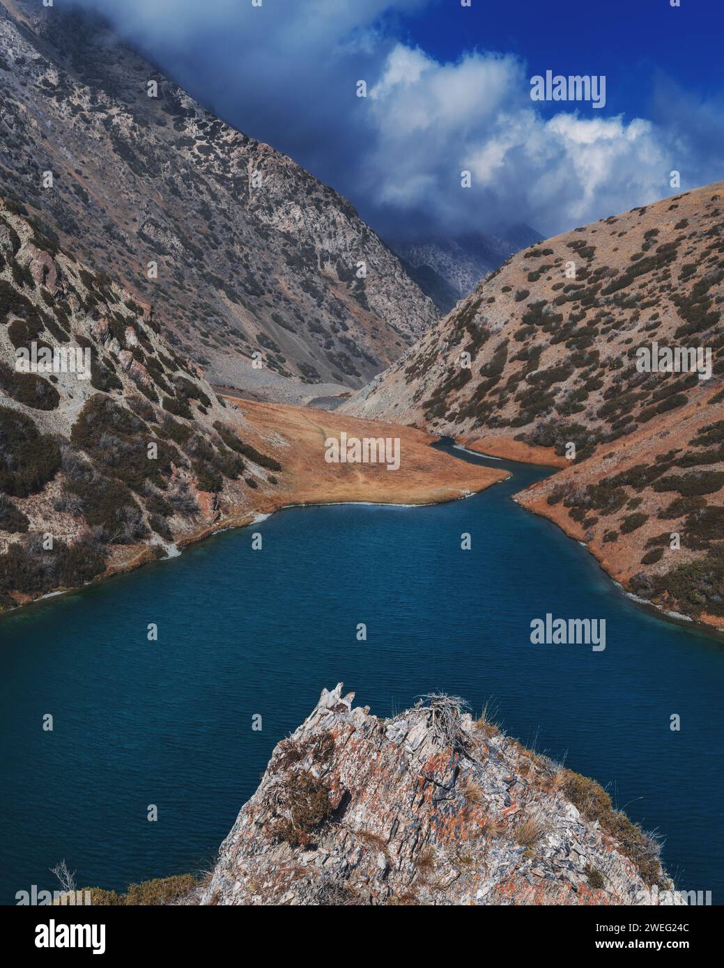 landscape of Lake Koksay in the Tien Shan mountains in Kazakhstan in ...