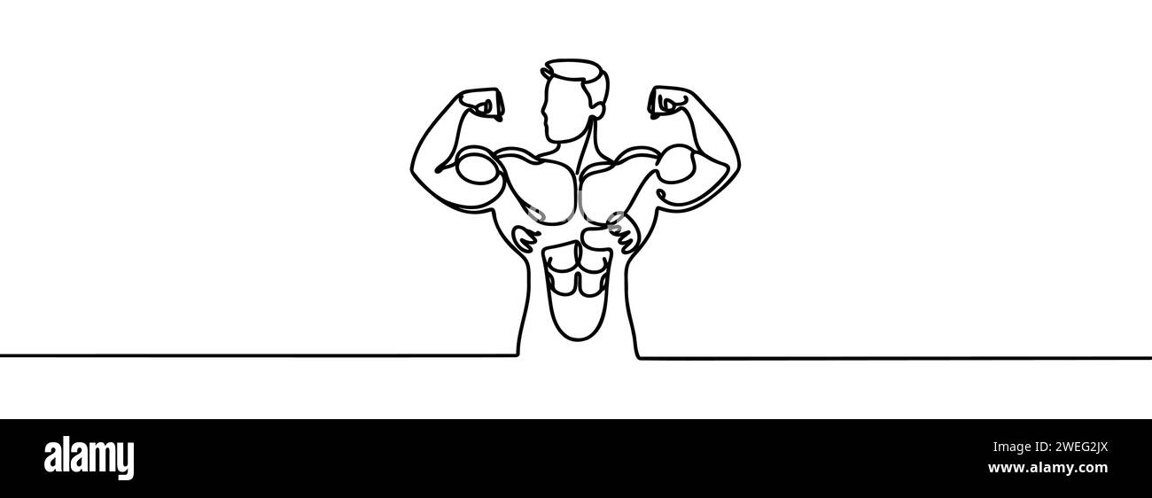 Continuous one line drawing of a weightlifter. Strong muscular man. One ...